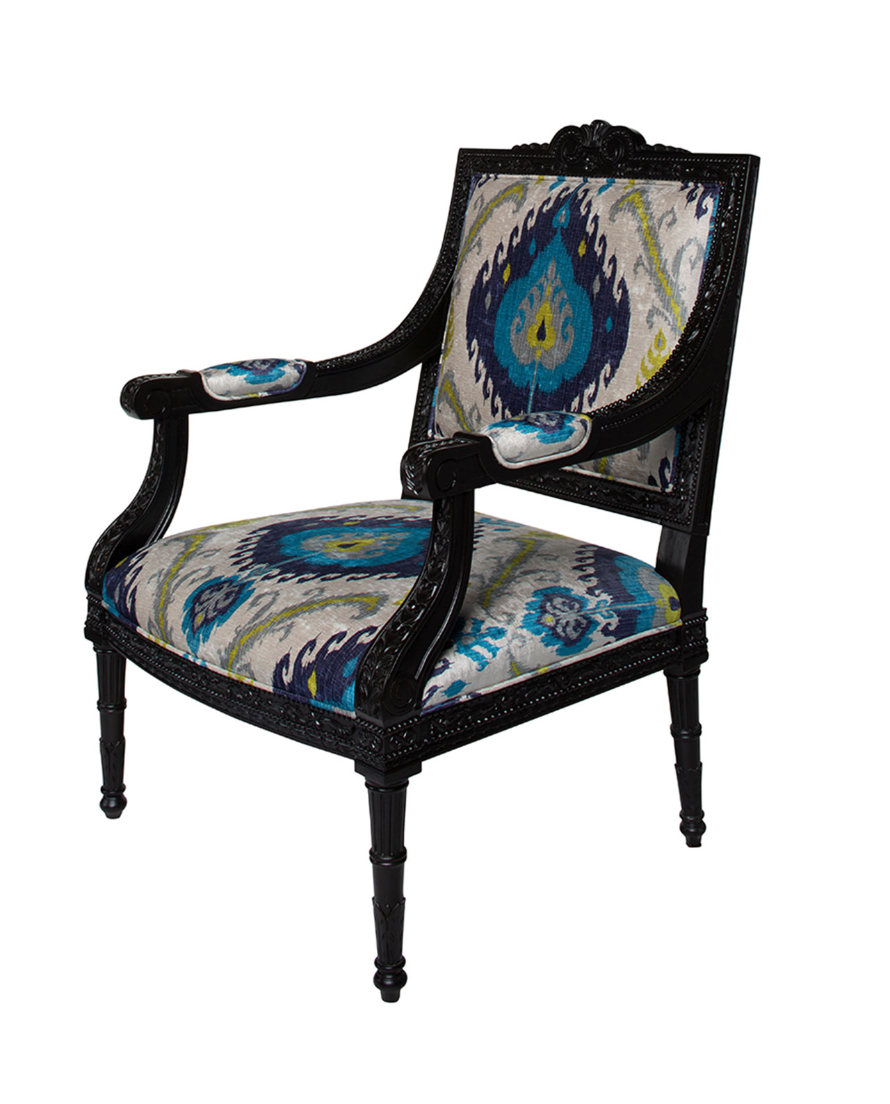 Intricate Patterned Armchair With Ornate Carved Black Frame